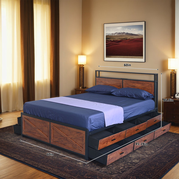 17 Stories Bed Frame with 12 Drawers, Platform Bed Frame with Rustic ... 17 Stories Bed Frame with 12 Drawers, Platform Bed Frame with Rustic ...